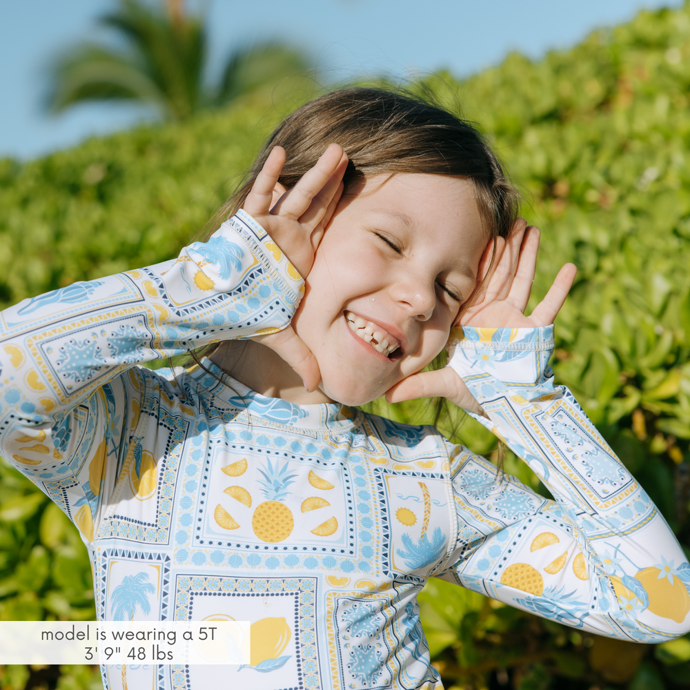 Girls Long Sleeve Surf Suit (One Piece Bodysuit) | "Mediterranean Lemo