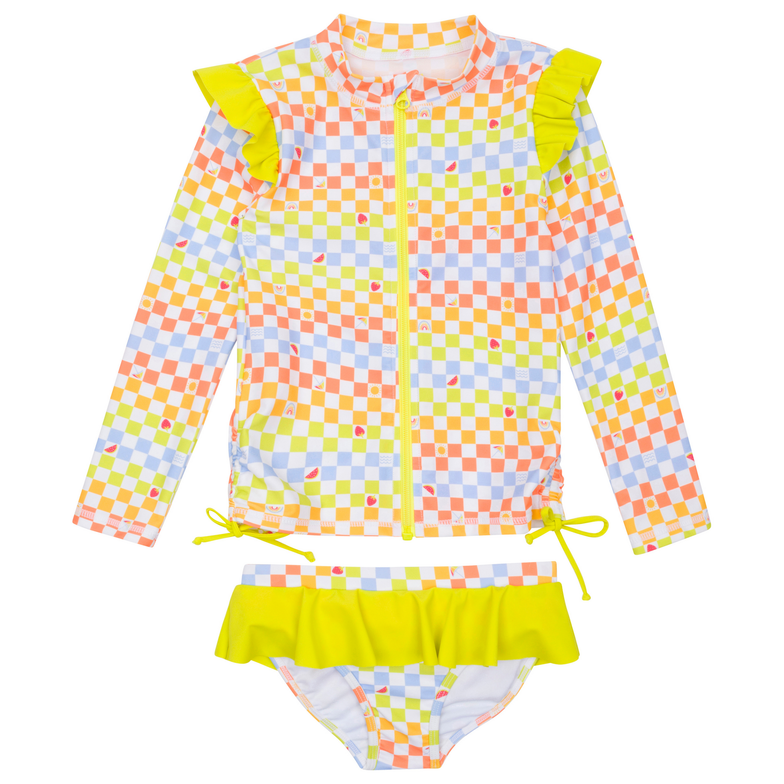 Girls Long Sleeve Rash Guard Ruffle Bottom Swimsuit Set (2 Piece) | "G