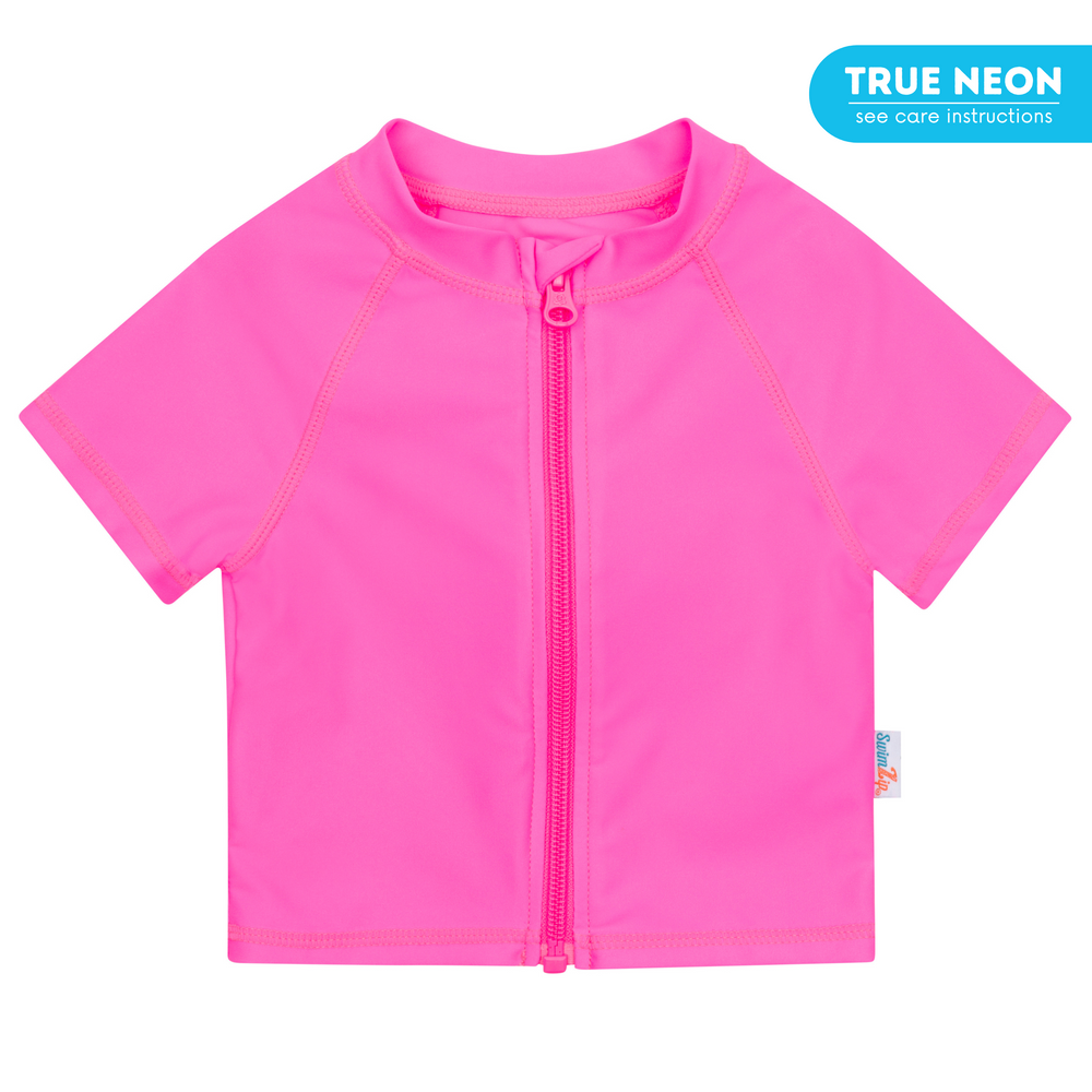 Kids Short Sleeve Zipper Rash Guard Swim Shirt | “Neon Pink”