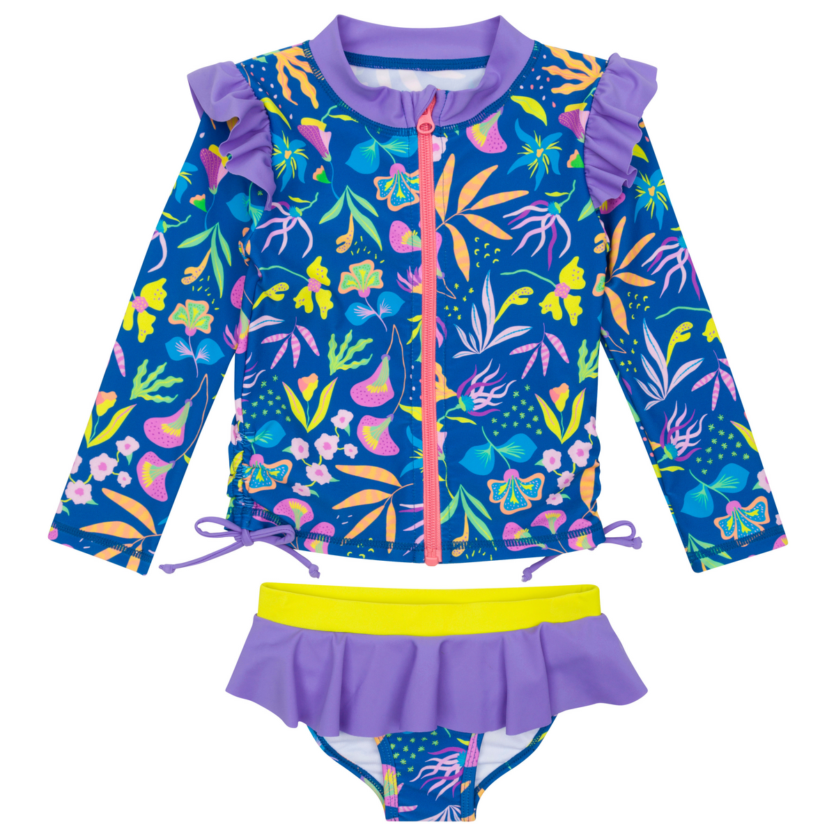 Girls Long Sleeve Rash Guard Ruffle Bottom Swimsuit Set (2 Piece) | "T