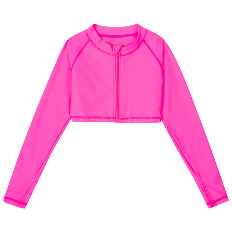 Girls Long Sleeve Crop Rash Guard | "Neon Pink"