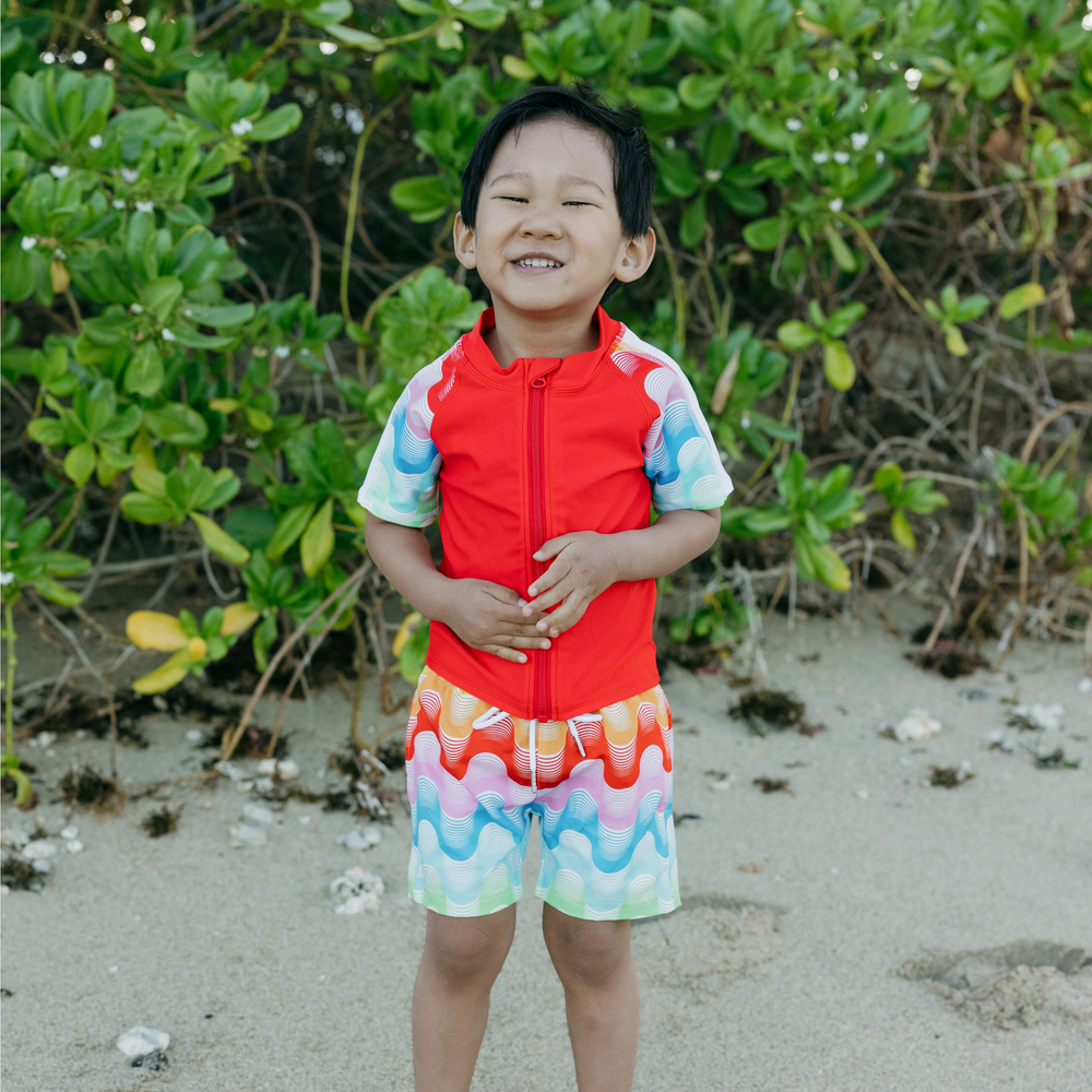 Boys Short Sleeve Zipper Rash Guard and Swim Trunk Set | "Surf's Up"
