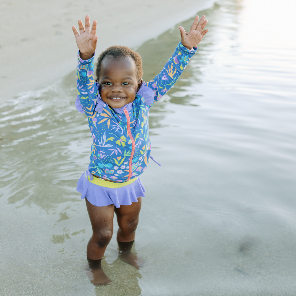 Girls Long Sleeve Rash Guard Ruffle Bottom Swimsuit Set (2 Piece) | "T