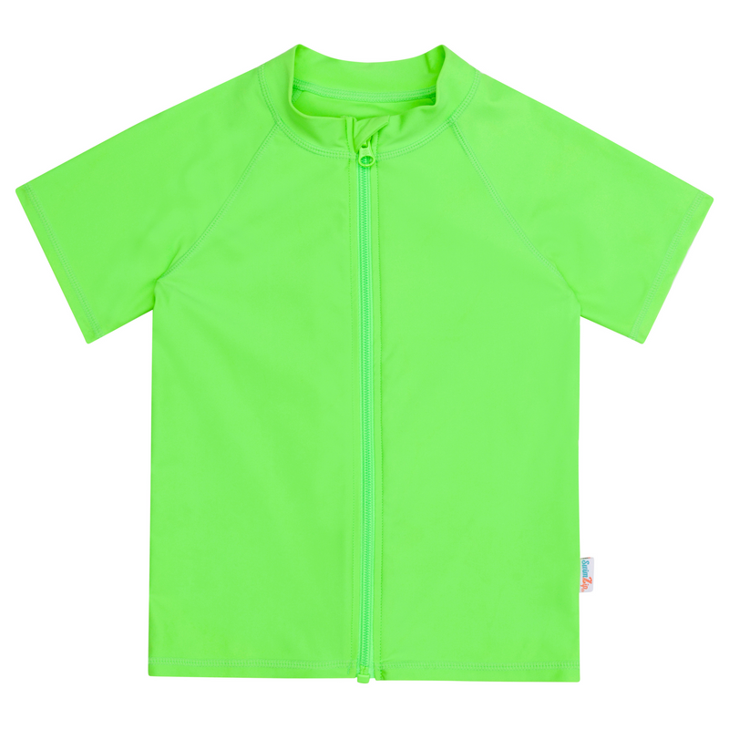 Kids Short Sleeve Zipper Rash Guard Swim Shirt | “Neon Green”