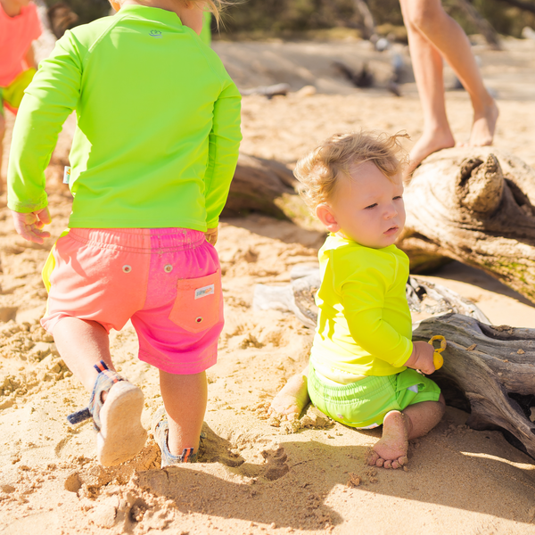 Boys Long Sleeve Zipper Rash Guard and Swim Trunk Set | "Neon Flash"