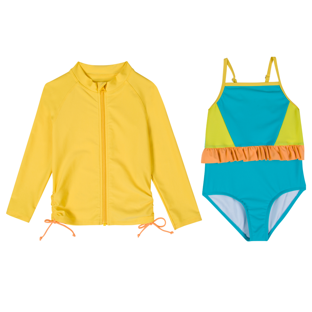 Girls One-Piece Swimsuit + Long Sleeve Rash Guard Set (2 Piece) | "Col