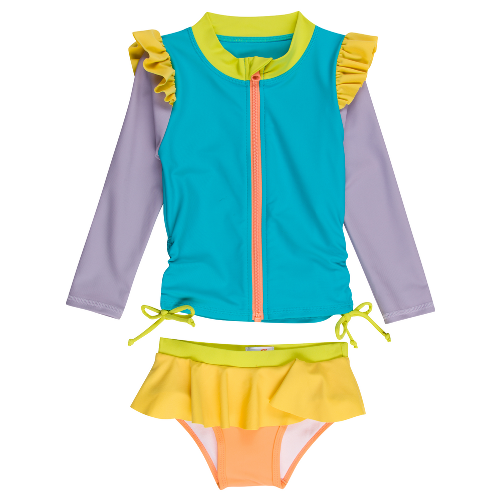 Girls Long Sleeve Rash Guard Ruffle Bottom Swimsuit Set (2 Piece) | "C