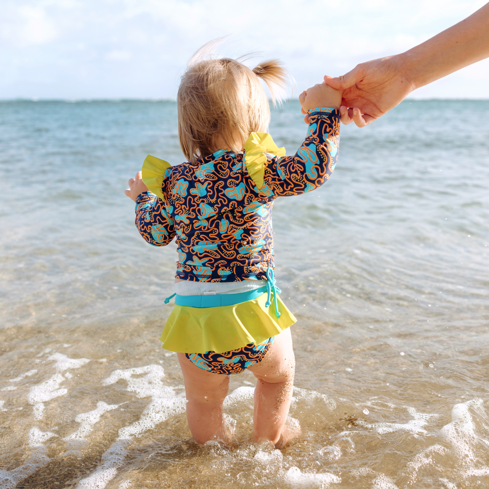 Girls Long Sleeve Rash Guard Ruffle Bottom Swimsuit Set (2 Piece) | "D