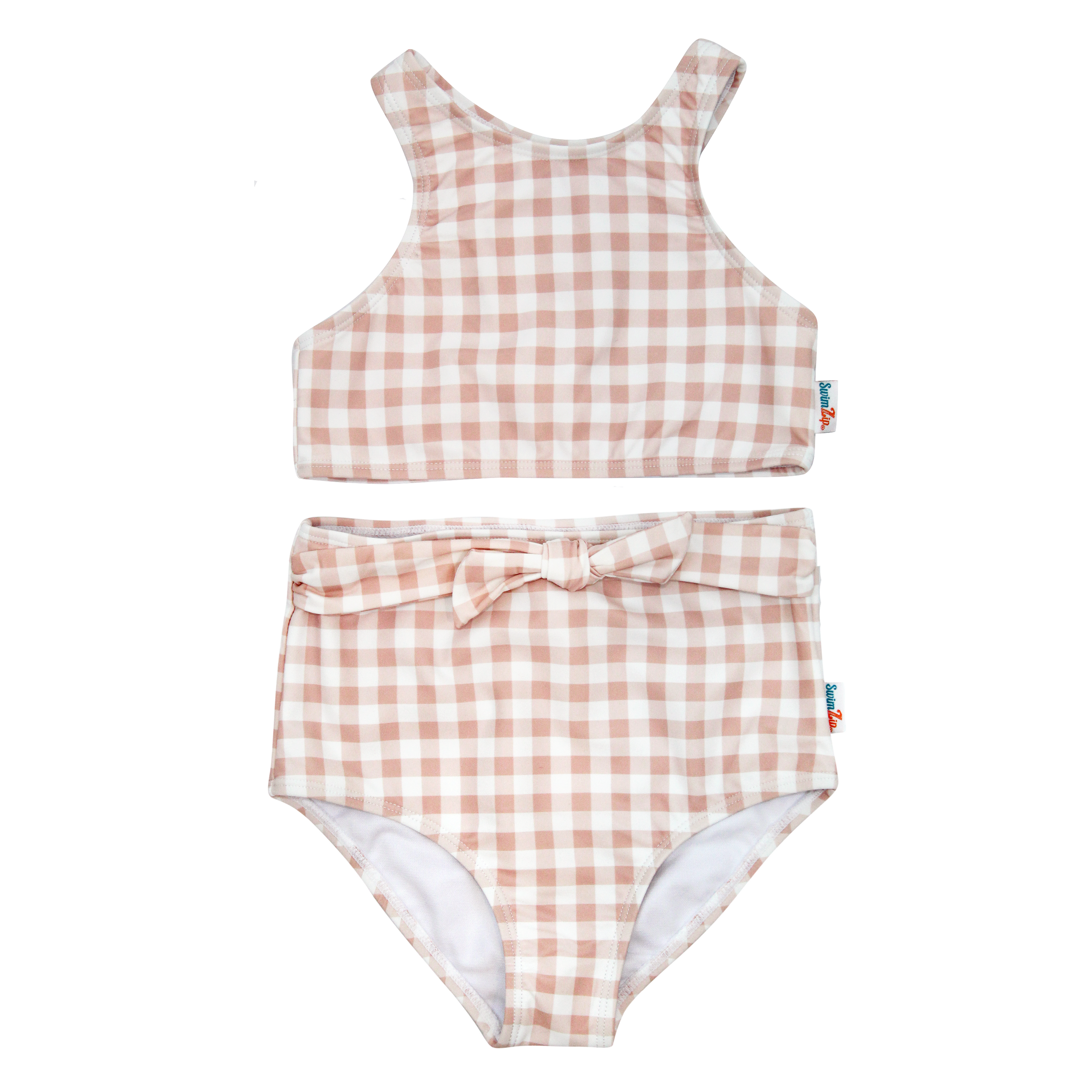 SwimZip Girls' Halter Top Swim Set UPF 50+ Protection - Peach Gingham