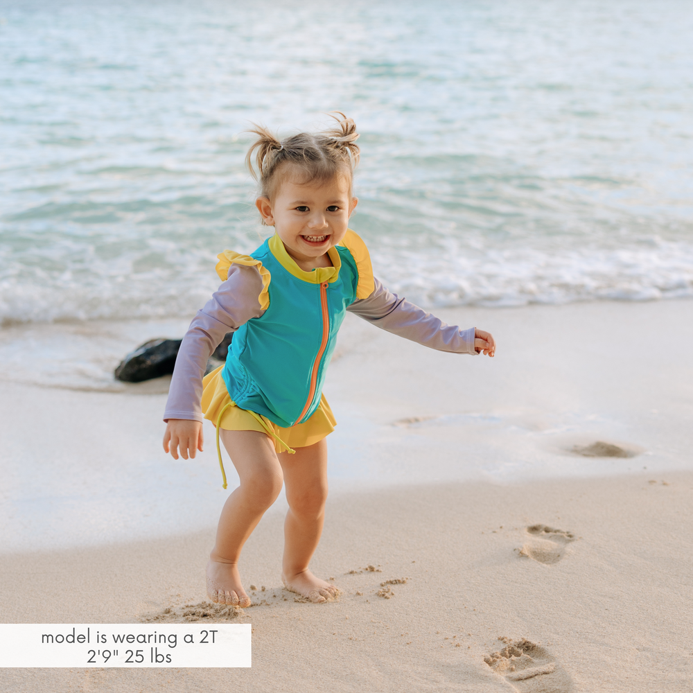 Girls Long Sleeve Rash Guard Ruffle Bottom Swimsuit Set (2 Piece) | "C