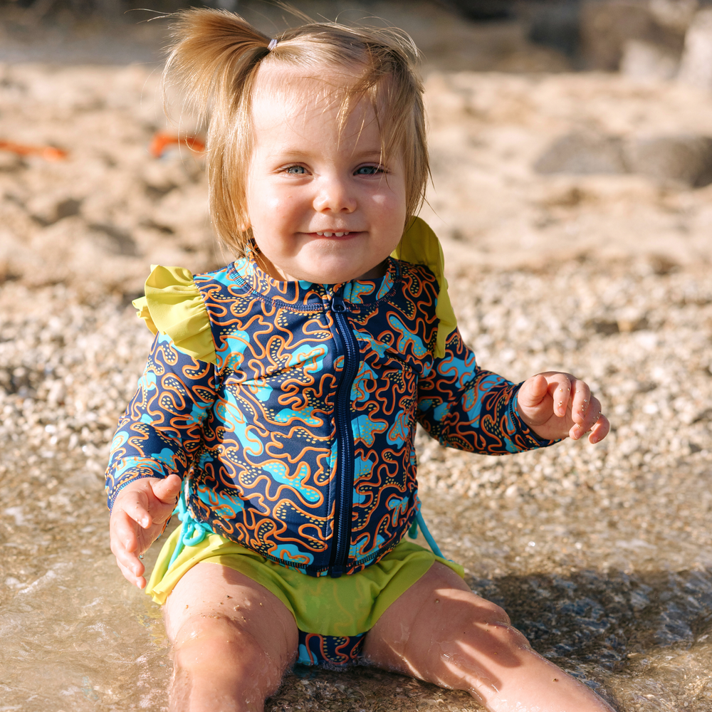 Girls Long Sleeve Rash Guard Ruffle Bottom Swimsuit Set (2 Piece) | "D