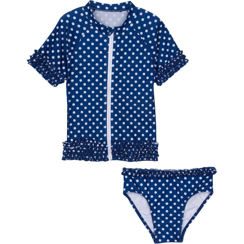 SwimZip Girl's Short Sleeve Rash Guard & Bottoms Set - Navy Polka Dot