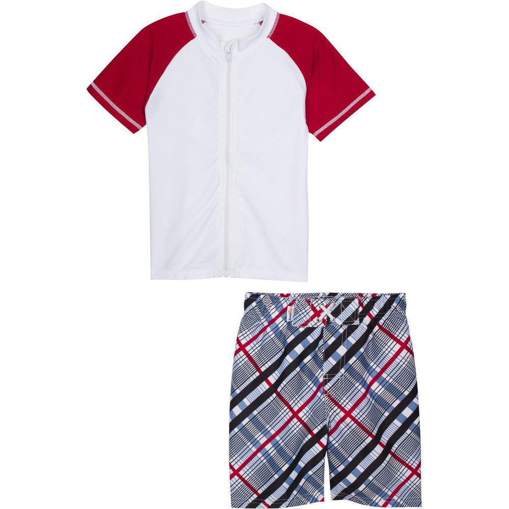 SwimZip Boy's Short Sleeve Rash Guard & Swim Trunks - Surfer Dude Red
