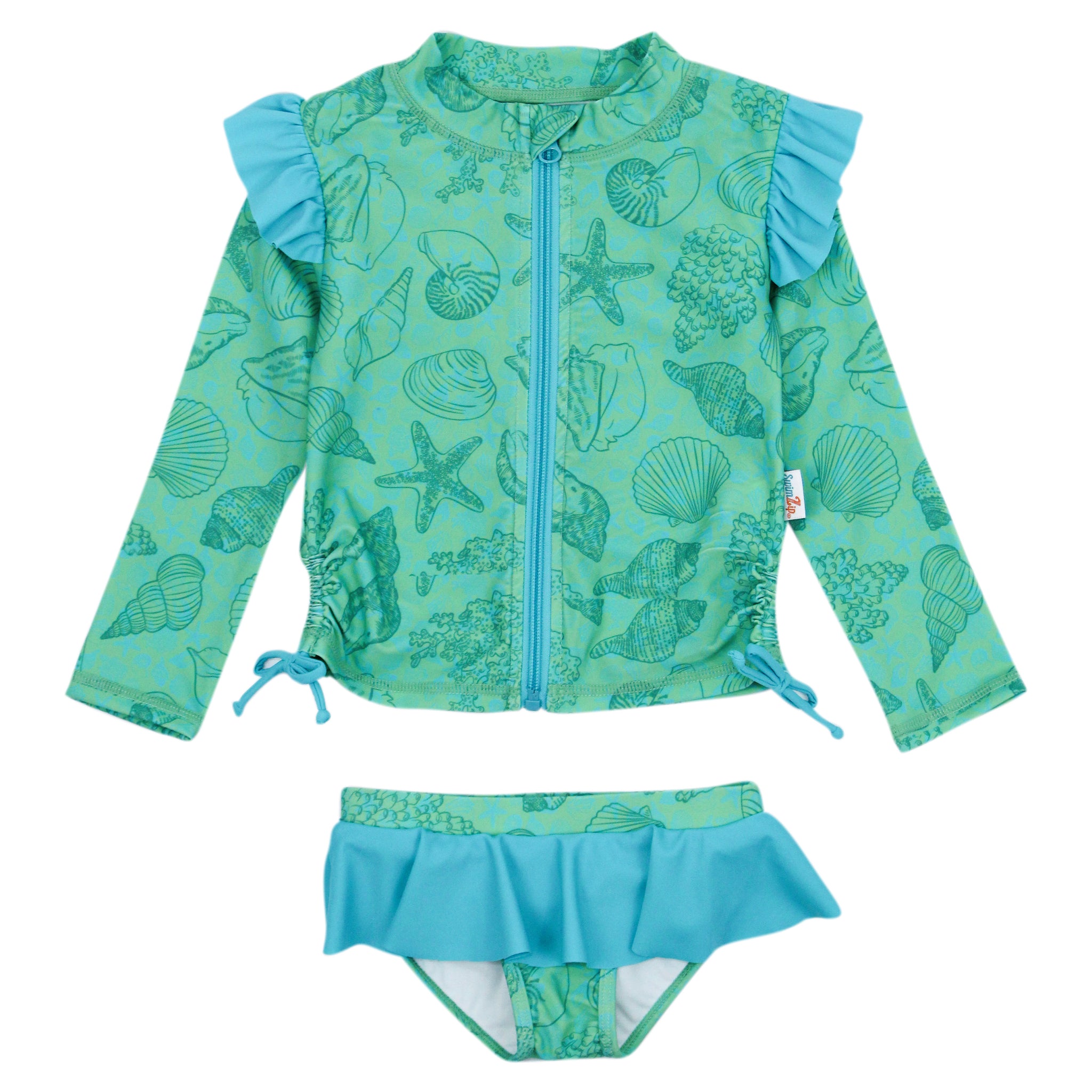 Girls Long Sleeve Rash Guard Ruffle Bottom Swimsuit Set (2 Piece) | "S